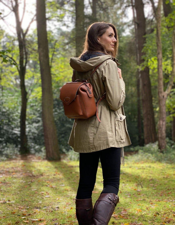 Bramham Frame Top Rucksack in Tan Leather with Adjustable Shoulder Str